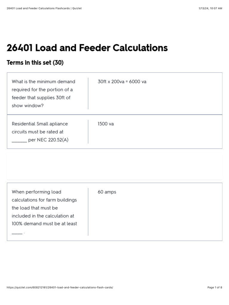 Load and Feeder Calculations Flashcards - Quizlet | PDF | Electric Power | Electromagnetism