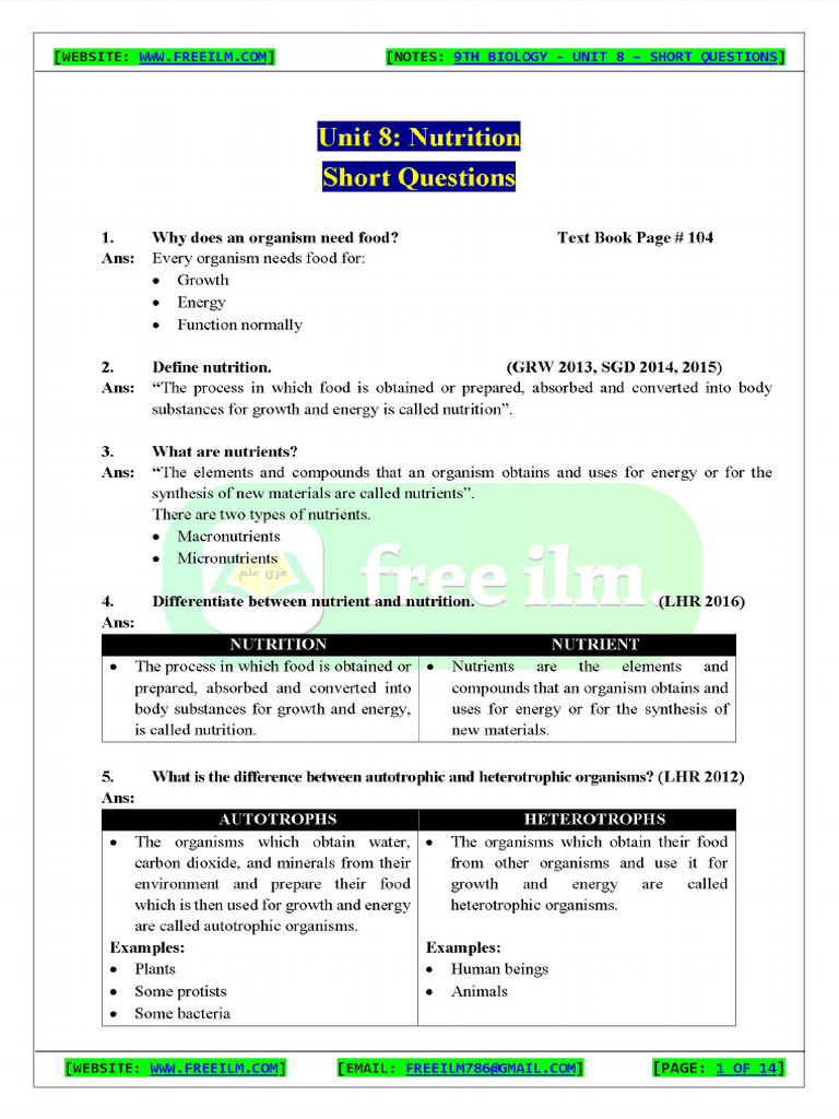 9th Bio Ch8 ShortQ | PDF
