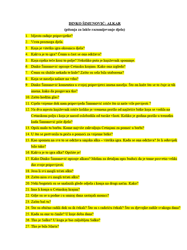 DINKO - SIMUNOVIC - Alkar - (Pitanja - Za - Lakse - Razumijevanje - Djela) 8. R | PDF