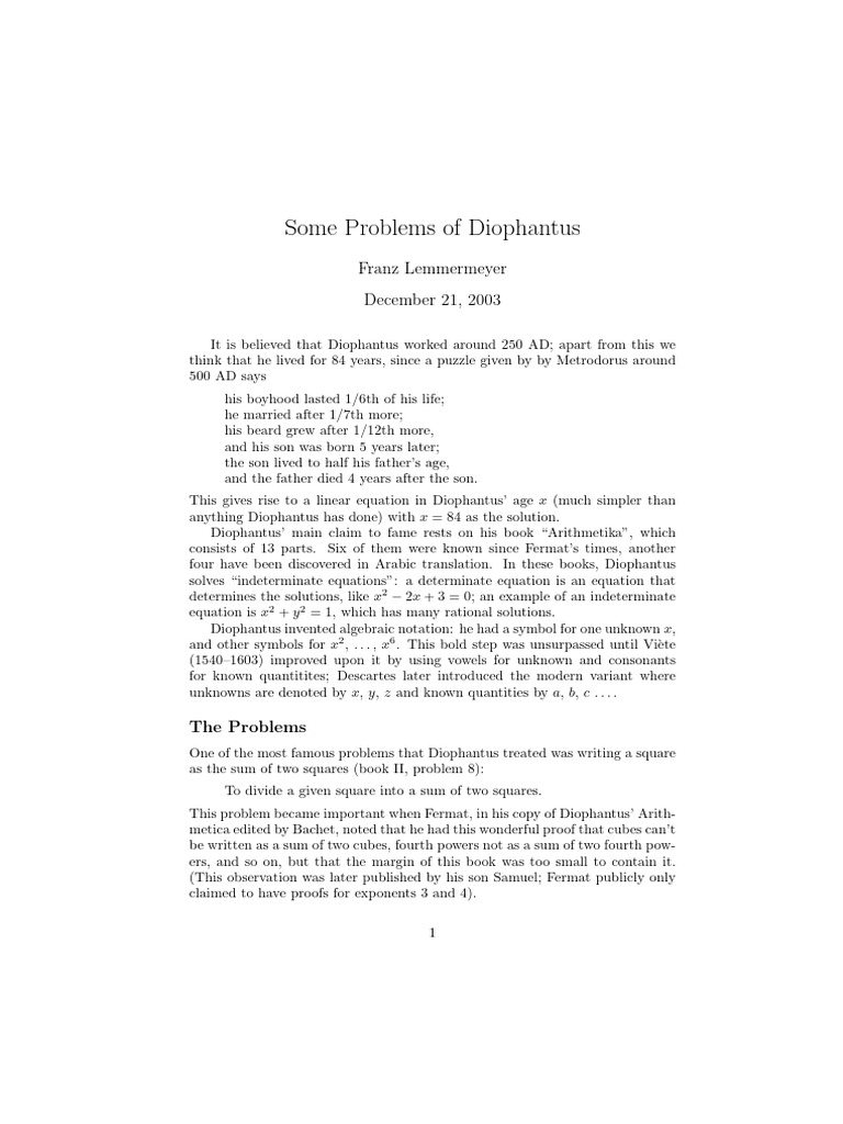 Some problems of Diophantus | PDF | Equations | Numbers Some problems of Diophantus | PDF | Equations | Numbers