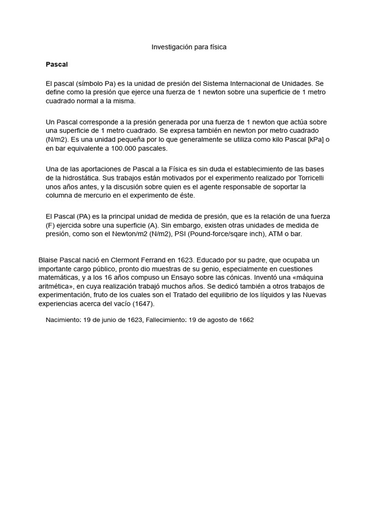 Conversión entre Pascal y Newton | PDF | Pascal (Unidad) | Gravedad