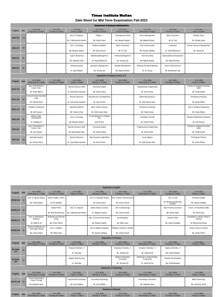 BS Date Sheet MID Term Falll-2023 | PDF | Pharmacy | Medicine