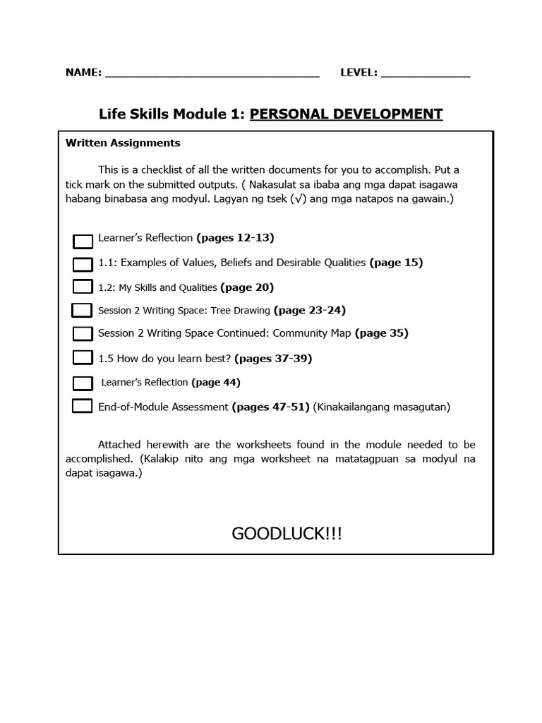 Life Skills Module 1-Worksheets | PDF