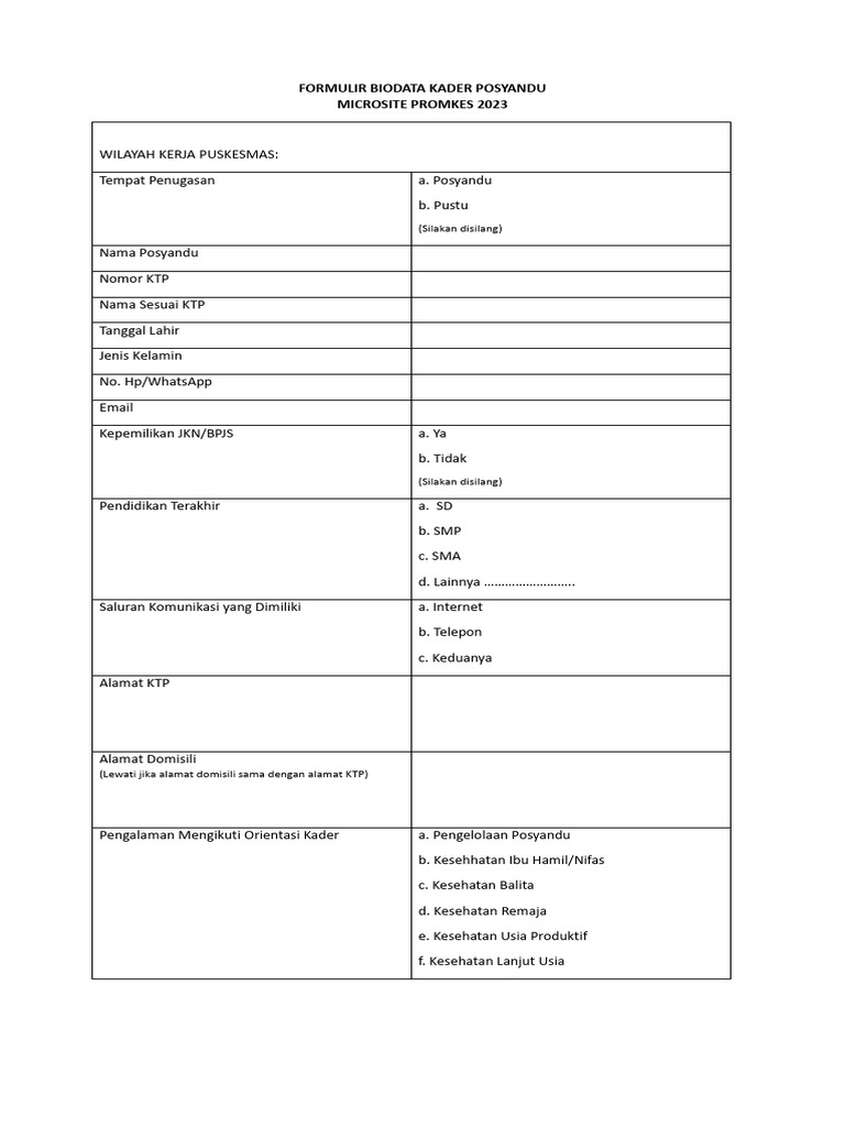 Formulir Biodata Kader Posyandu Microsite Promkes | PDF