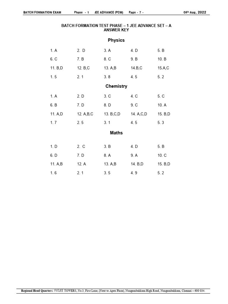 Emailing 9th Batch Formation Exam Phase - 1 Jee Advance Answer Key Set ...