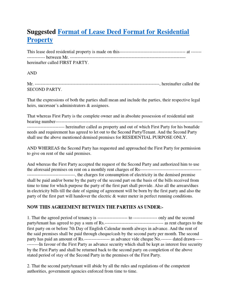 Format of Lease Deed Format For Residential Property | PDF | Lease ...