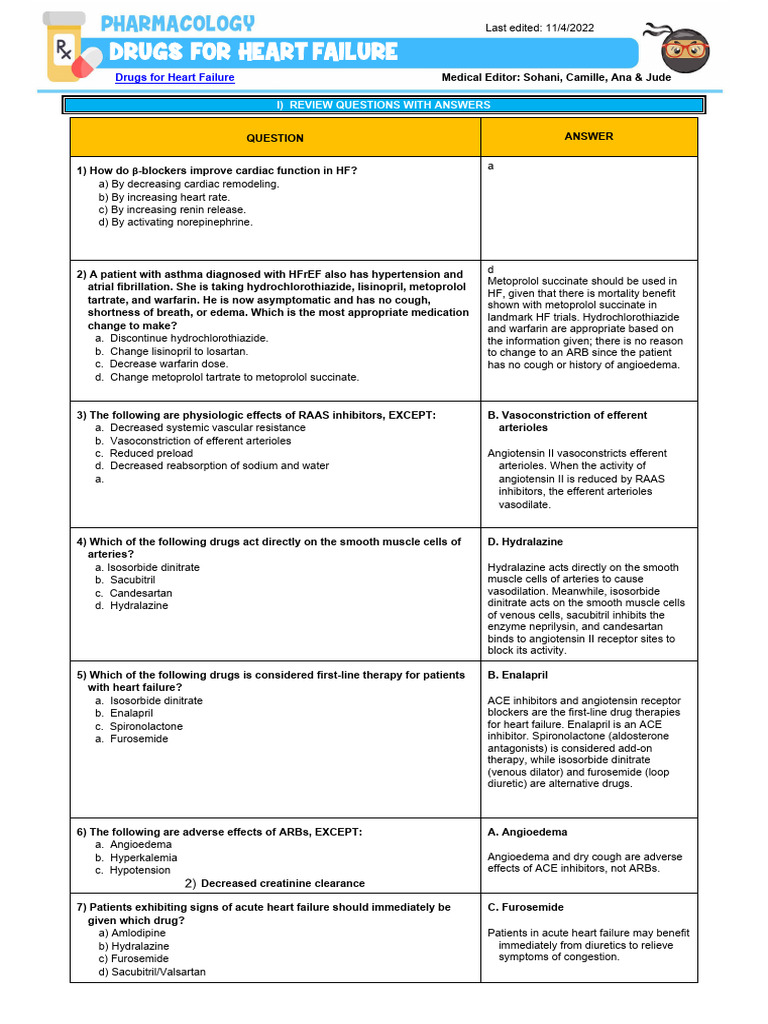 Pharmacology Basics - 016) Drugs For Heart Failure (Notes - Q&A) | PDF