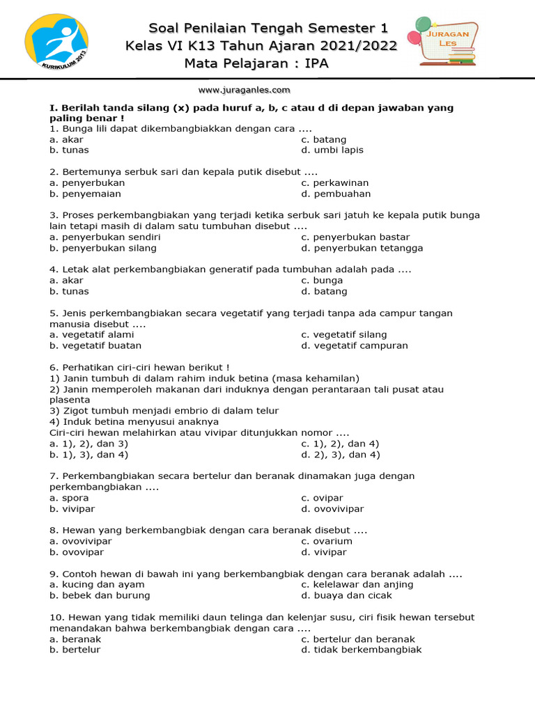 Soal PTS IPA Kelas 6 Semester 1 K13 Tahun 2021' | PDF