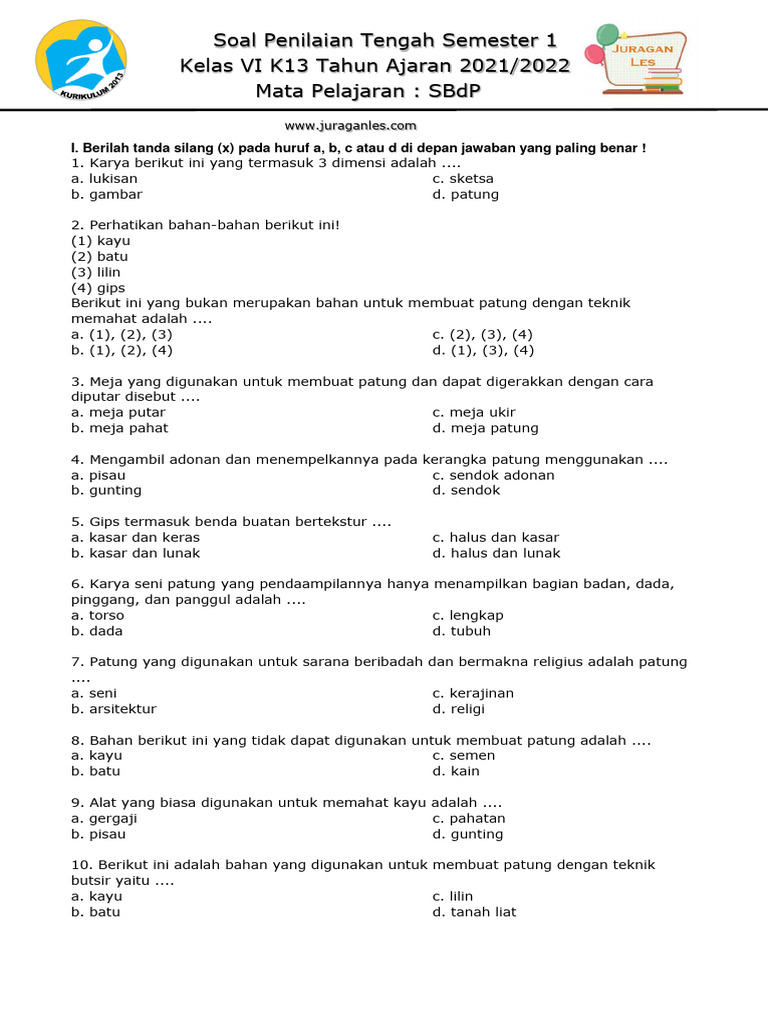 Soal PTS SBDP Kelas 6 Semester 1 K13 Tahun 2021' | PDF