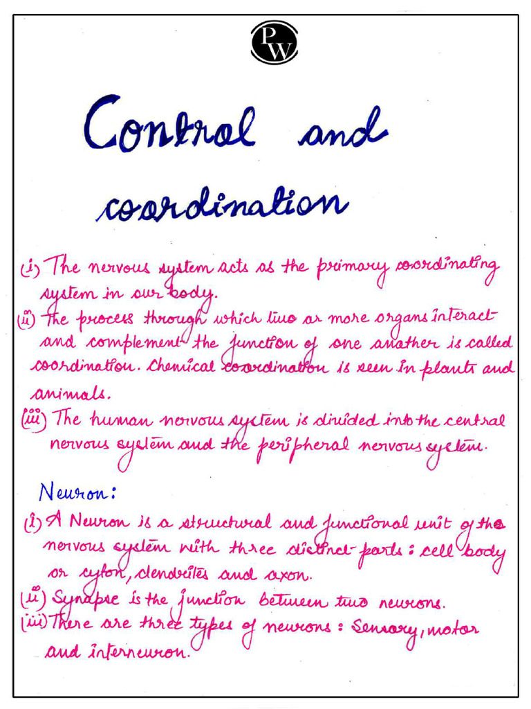 Control and Coordination - Short Notes - WARRIOR SERIES CLASS-10TH | PDF