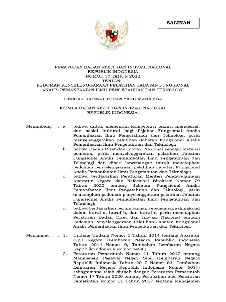 SALINAN - Peraturan BRIN No 30 Tahun 2022 PDF | PDF