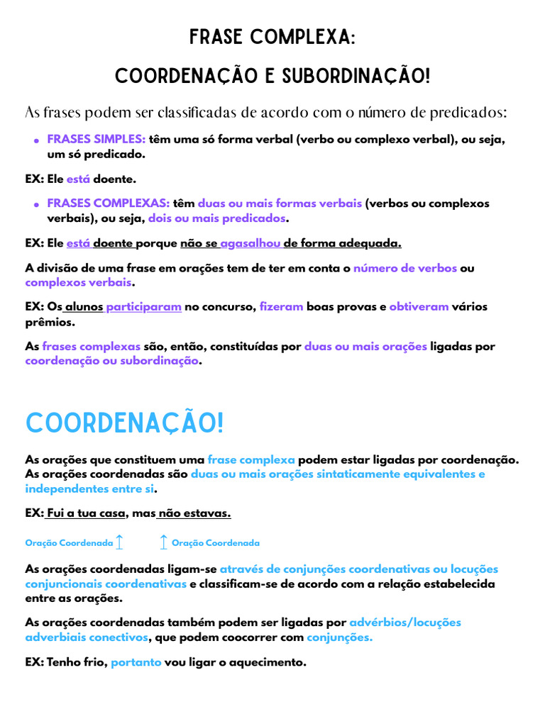 Frase Complexa Coordenação e Subordinação! | PDF