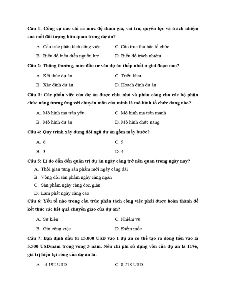 Trắc nghiệm QTDA Chương 1+2+3+4 | PDF