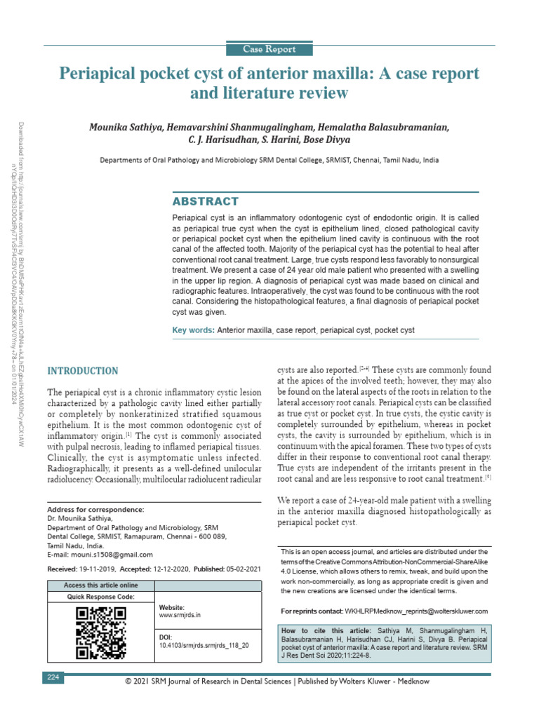 Periapical Pocket Cyst of Anterior Maxilla A Case.13 | PDF | Epithelium ...