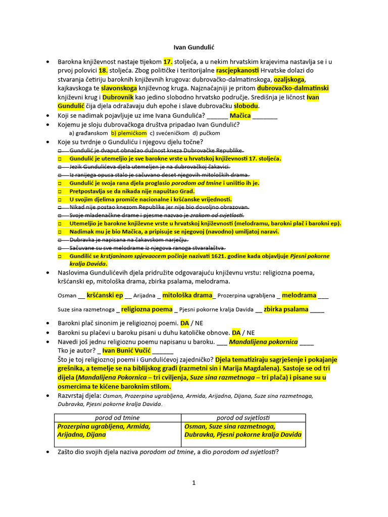 4.1. Nastavni listić_Ivan Gundulić i barok_RJEŠENJA | PDF
