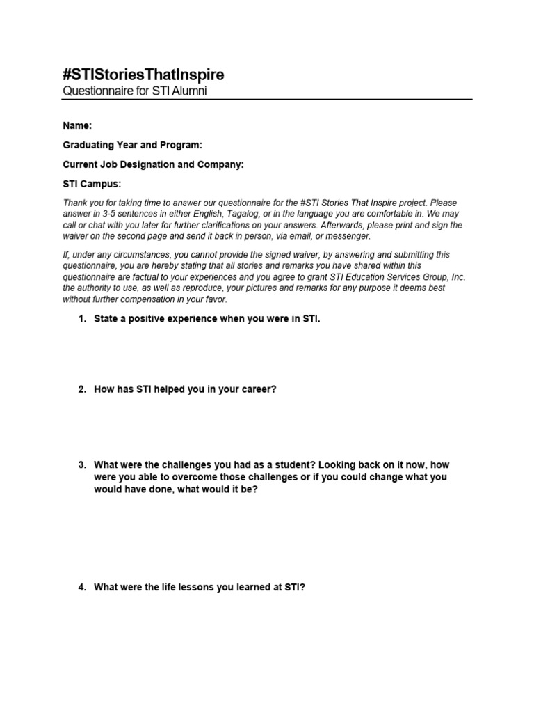 STI QUESTIONNAIRE and WAIVER - ALUMNI 1 | PDF | Justice | Crime & Violence