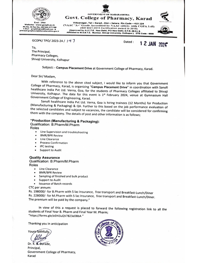 Letter For Campus Placement Drive | PDF
