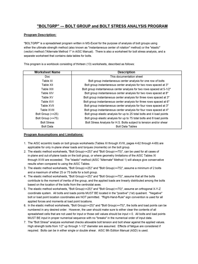 Bolt Group Stress Analysis Program | PDF | Worksheet | Continuum Mechanics