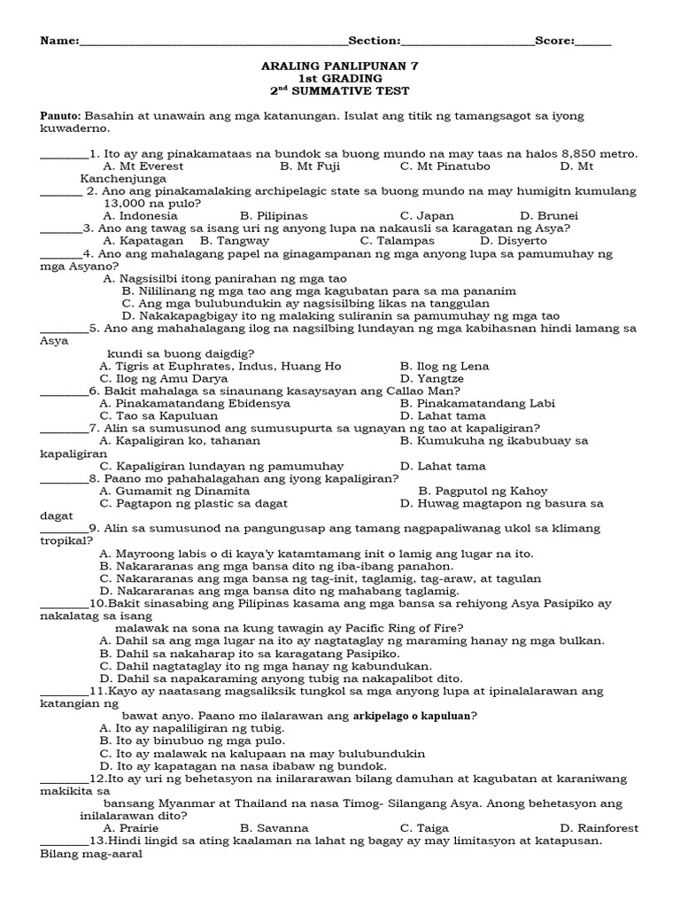 Ap7 1st Quarter 2nd Summative | PDF