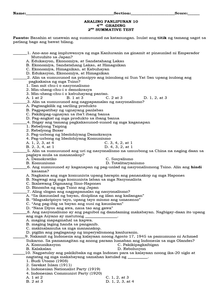 Ap7 4th Quarter 2ND Summative | PDF