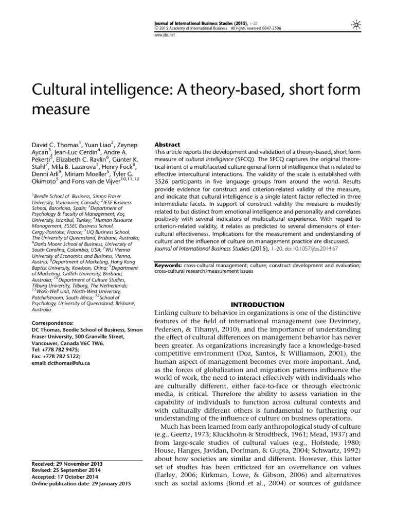 Thomas, Liao Et Al 2015 Cultural Intelligence A Theory-Based Short Form ... Thomas, Liao Et Al 2015 Cultural Intelligence A Theory-Based Short Form ...