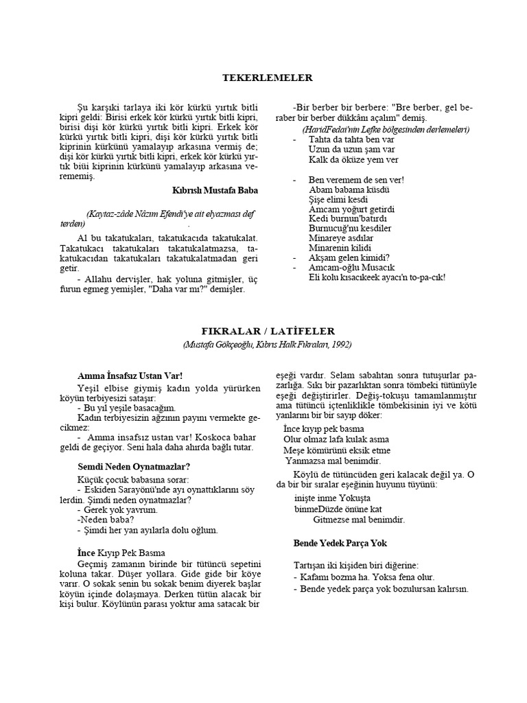 Tekerlemeler: (Haridfedai'Nin Lefke Bölgesinden Derlemeleri) | PDF