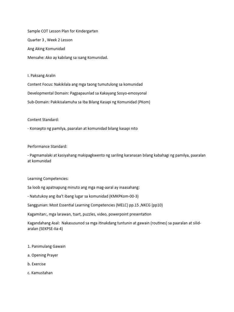 Sample COT Lesson Plan for Kindergarten q3 | PDF