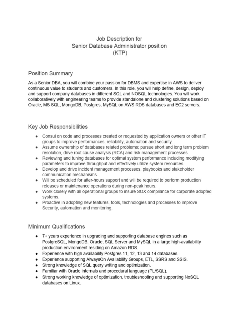 JD Senior DBA Position at KTP | PDF | Databases | Postgre Sql