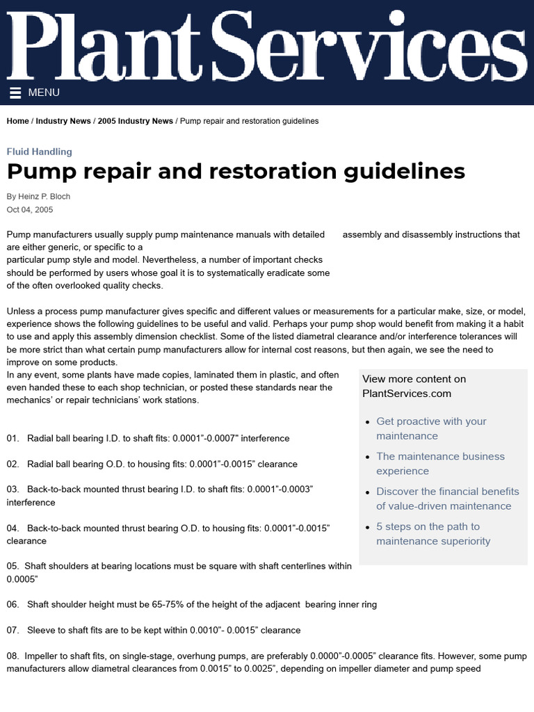 Pump Repair and Restoration Guidelines | PDF | Pump | Engineering Tolerance