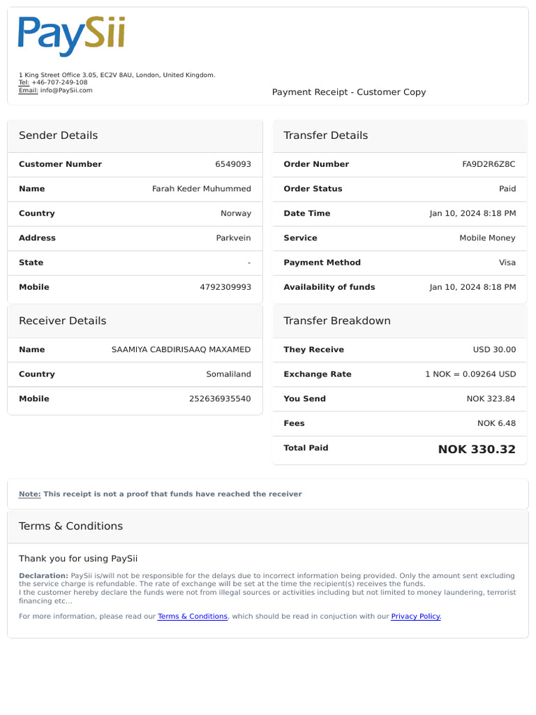 Payment Receipt for Mobile Money Transfer | PDF | Receipt | Payments