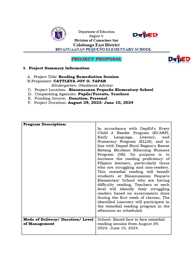 Reading Remedial Proposal 2022-2023 | PDF