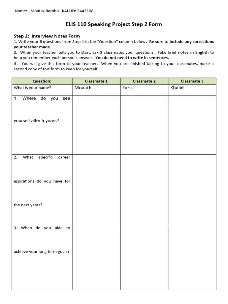ELIS 110 Speaking Project Step 2 Form 2023-2024 | PDF | Career & Growth ...