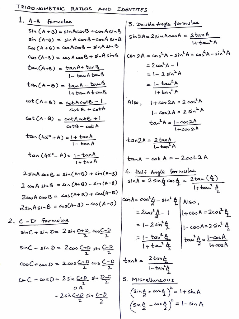 Trigonometric Ratios and Identities Formulae | PDF