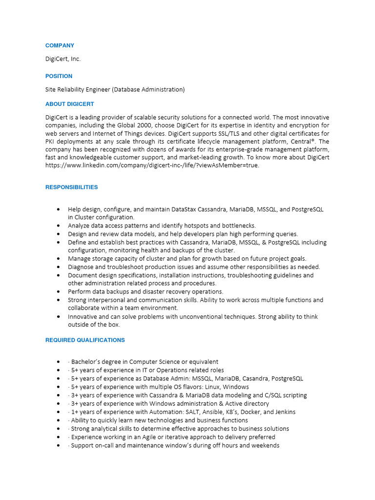 Site Reliability Engineer (Database Administration) | PDF | Microsoft Sql Server | Databases