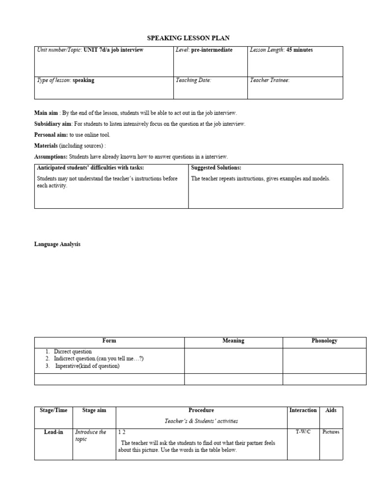 SPEAKING-LESSON-PLAN (1) | PDF | Job Interview | Lesson Plan