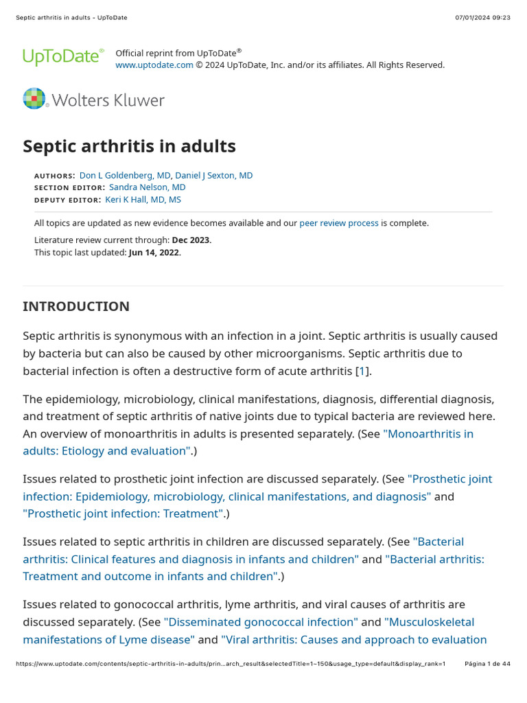 Septic Arthritis in Adults - UpToDate | PDF | Sepsis | Osteoarthritis