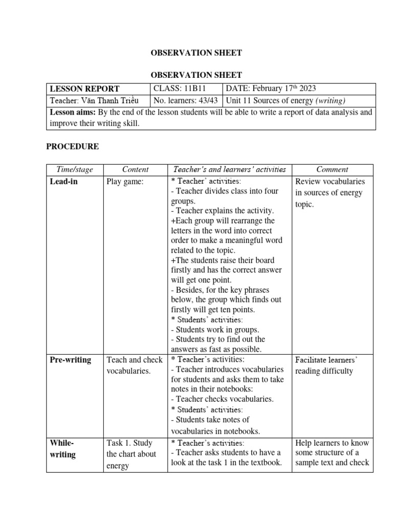 Observation Sheet for Writing Skills | PDF | Vocabulary | Applied ...
