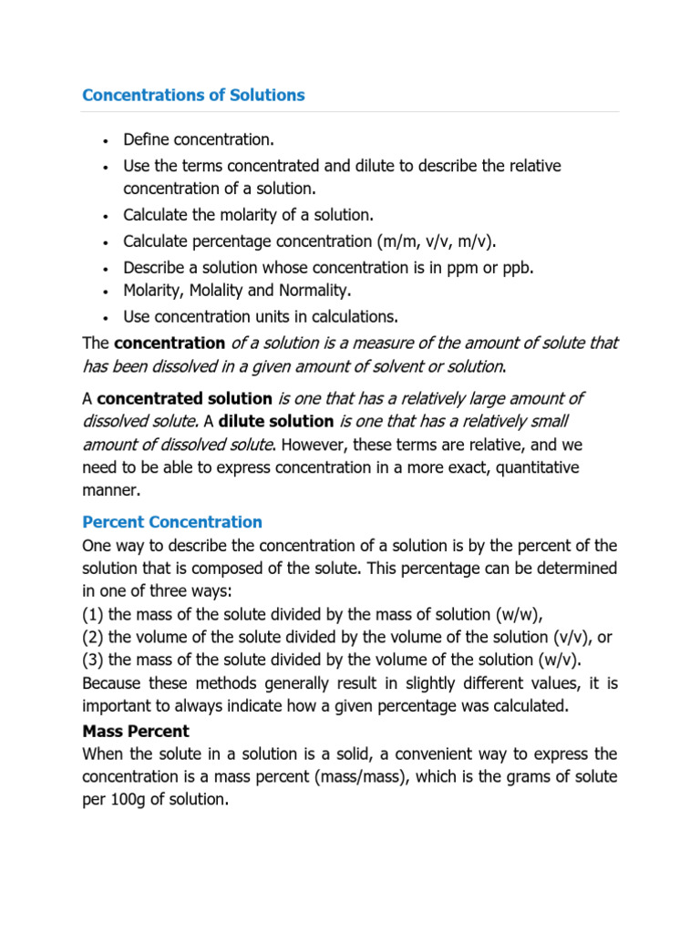 Concentrations of Solutions | PDF | Concentration | Parts Per Notation