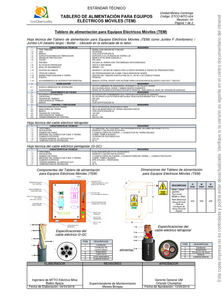 ETCO-MTO-004 Tablero Alimentación Equipos Eléctricos Móviles (TEM), Rev. 00 | PDF | Conductor ...