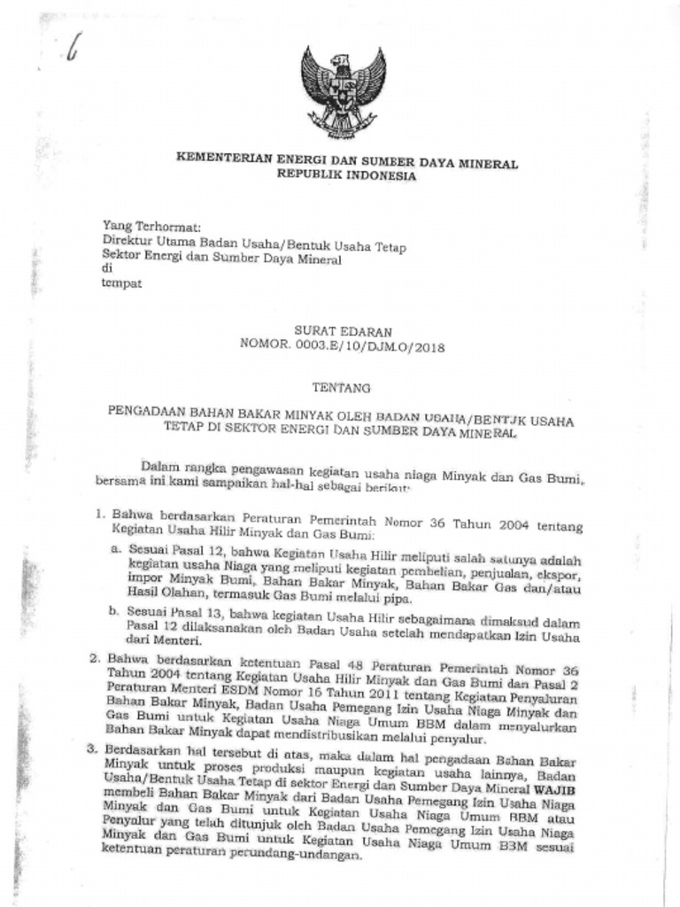SE - ESDM Tentang Pengadaan BBM Oleh Badan Usaha Atau Bentuk Usaha Tetap Di Sektor Energi Dan ...