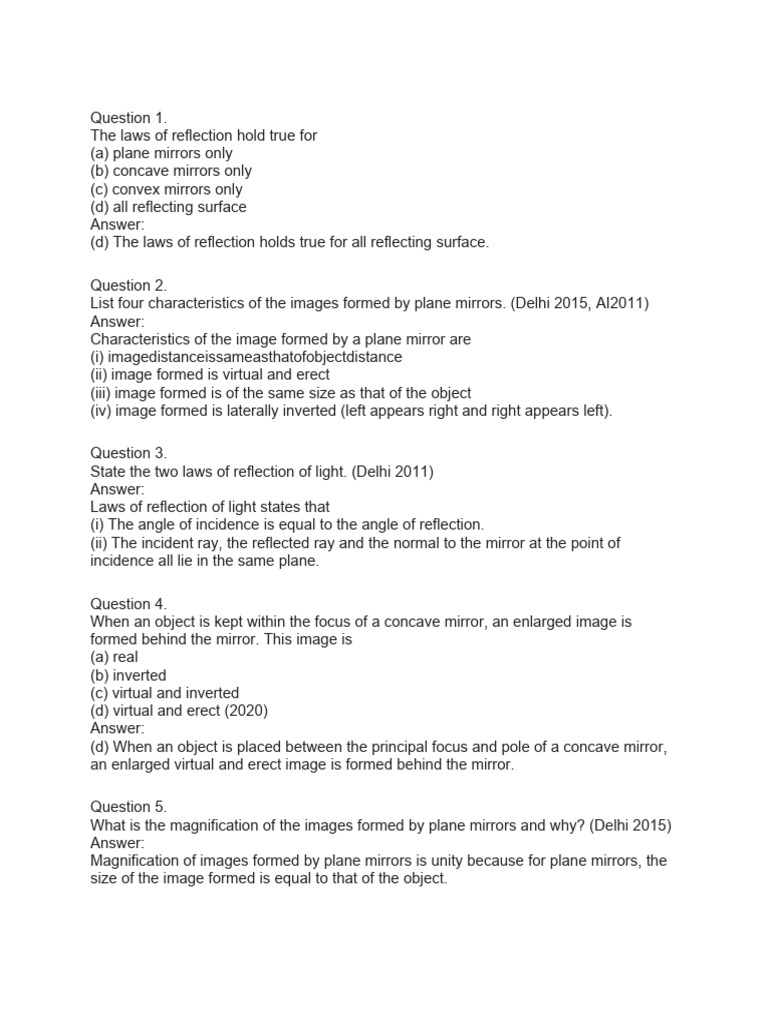 Light Reflection Questions | PDF | Mirror | Glass Engineering And Science