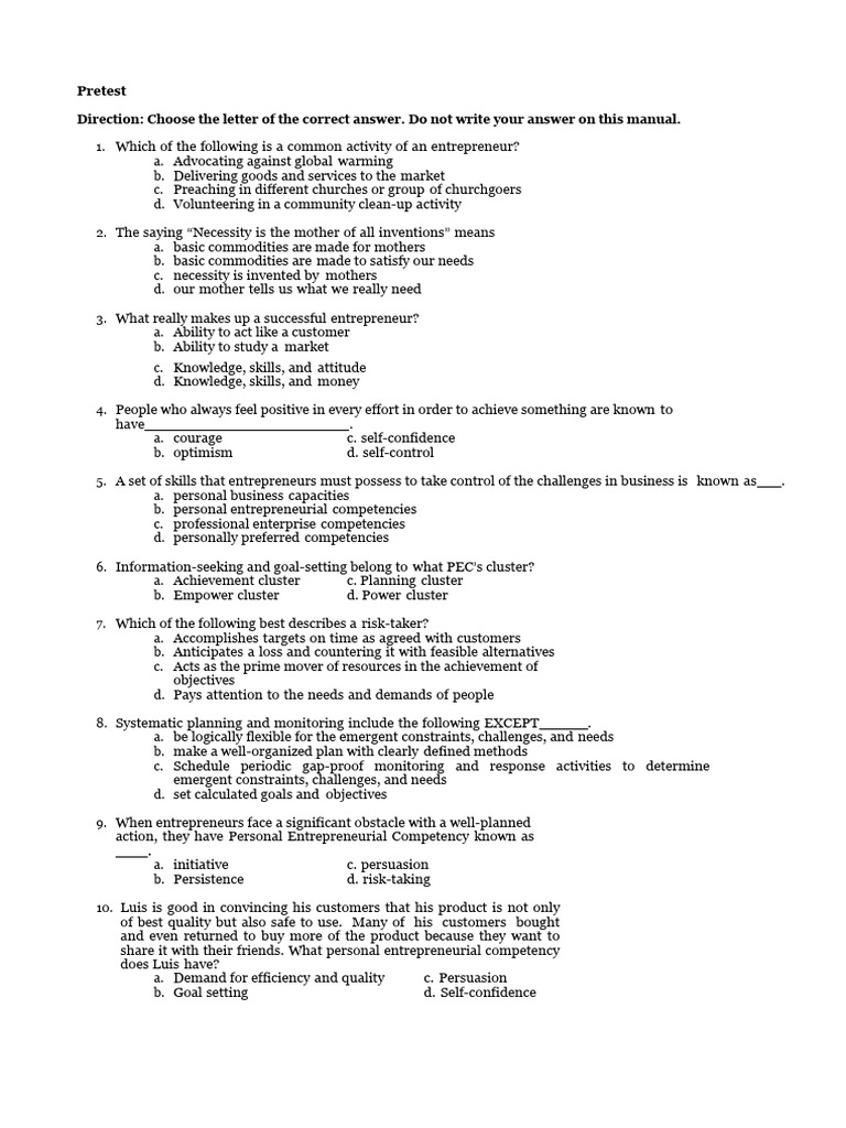Pre-Test 1-10 | PDF | Entrepreneurship | Goal Setting
