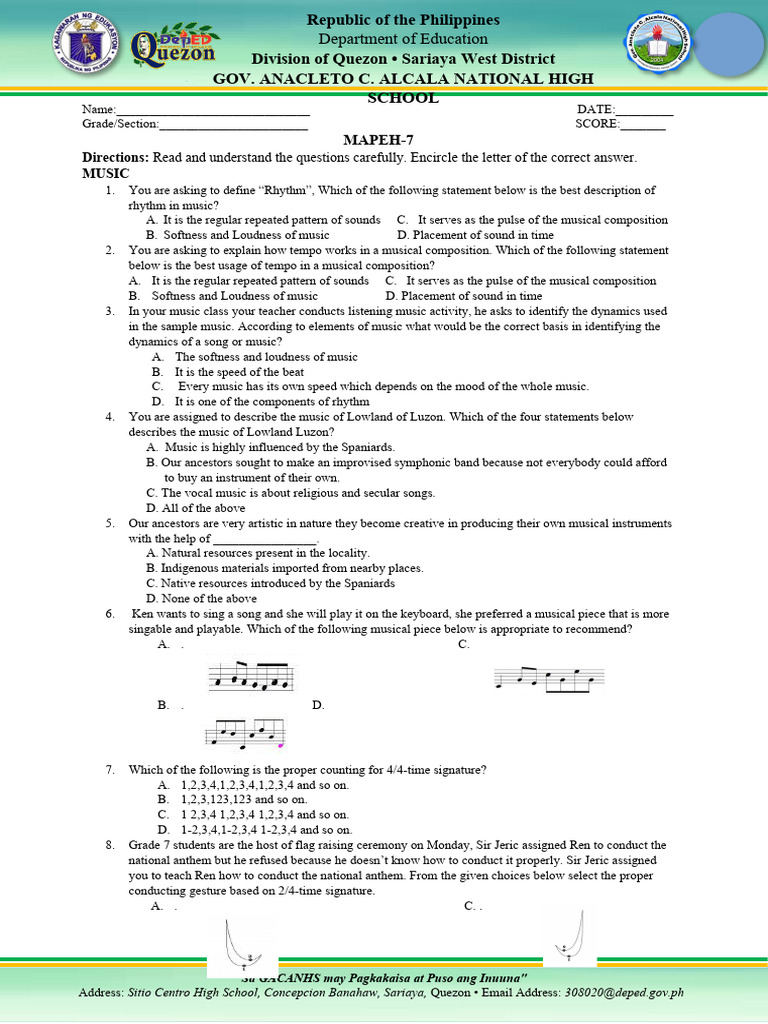 MAPEH 7-1st Quarter Exam | PDF | Physical Fitness | Mental Health