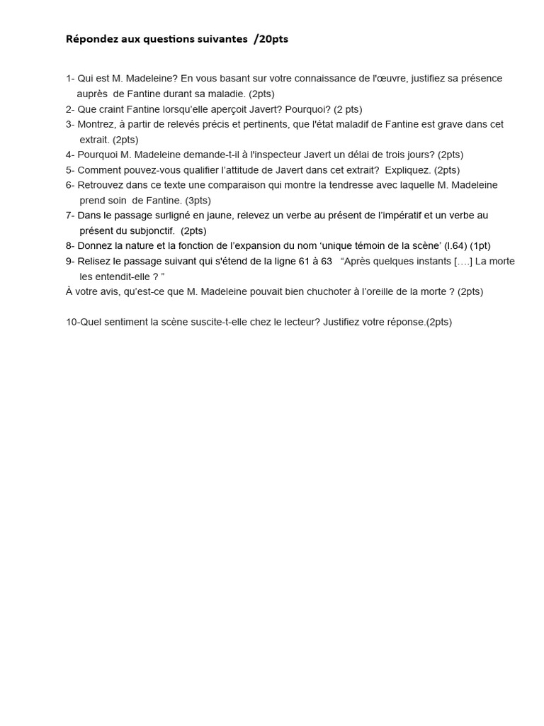 Test de Francais Les Miserables (Questions) | PDF