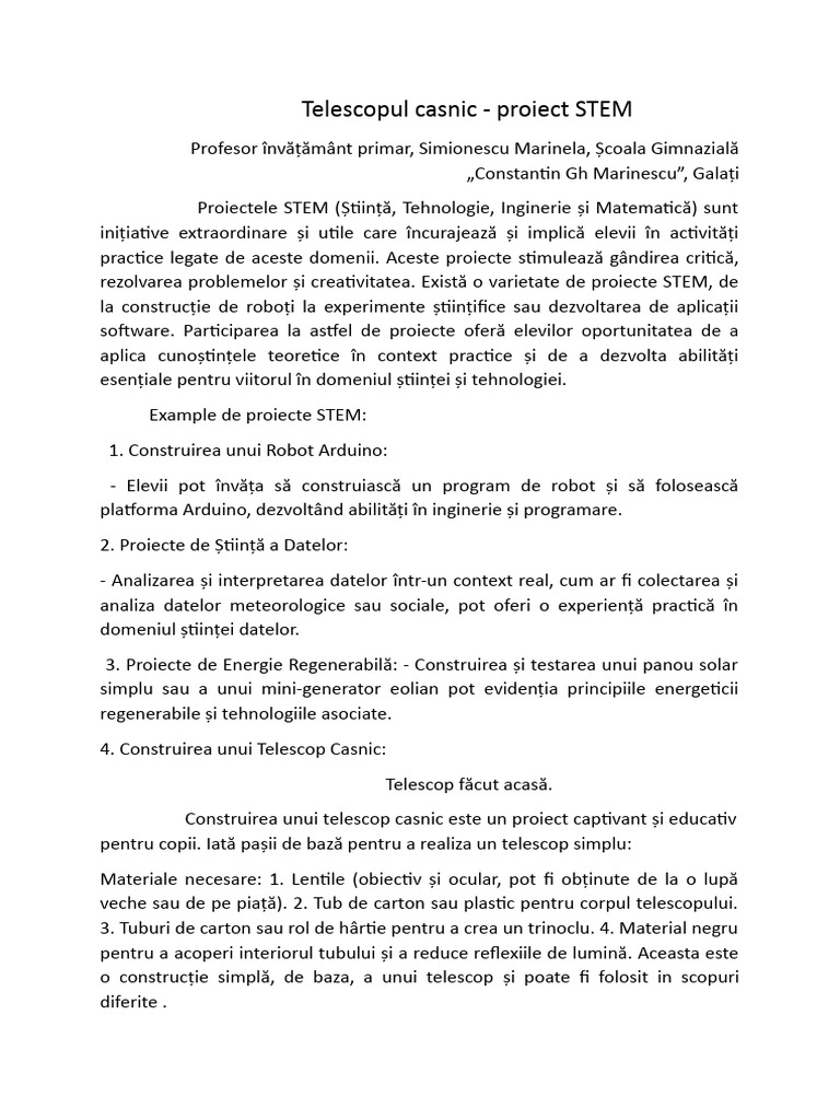 Telescopul Casnic - Proiect STEM | PDF