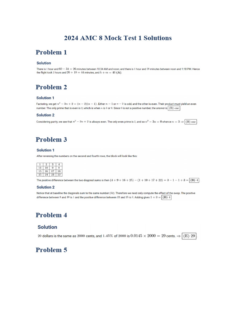 2024 AMC 8 Mock Test Solutions | PDF | Teaching Methods & Materials