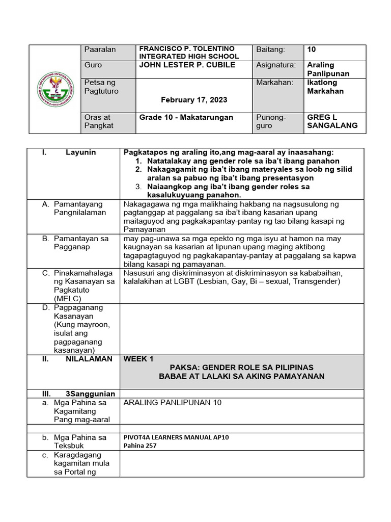 W-1 D-3DLP GENDER ROLE SA PILIPINAS | PDF
