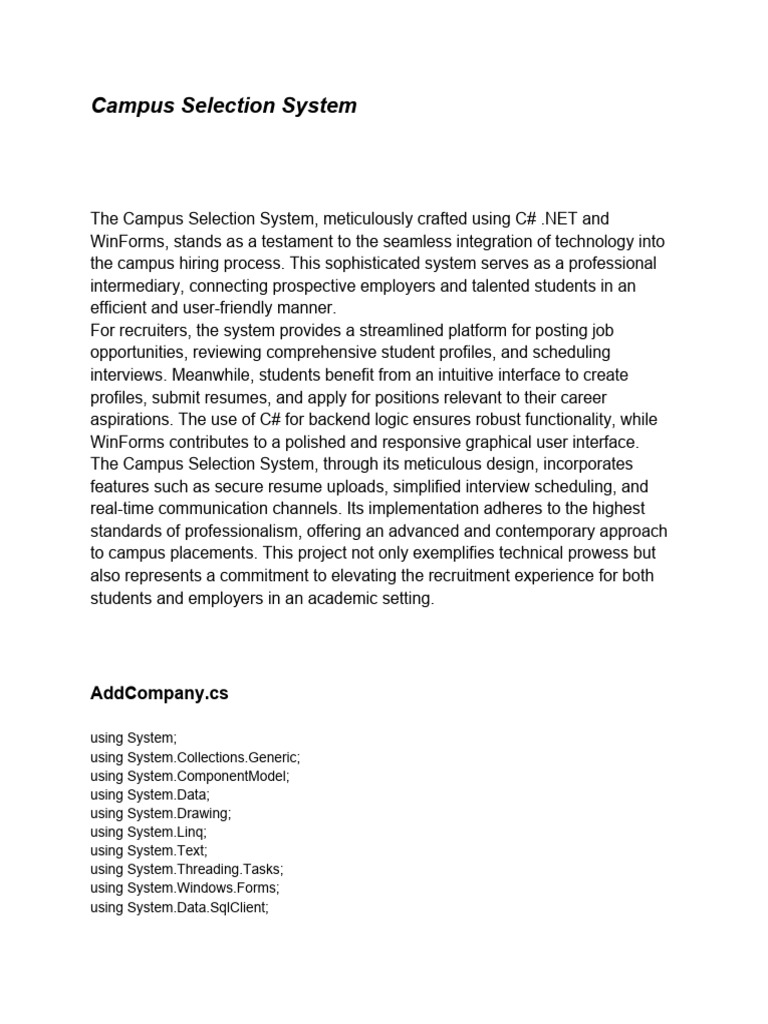 Campus Selection System | PDF | C Sharp (Programming Language) | Language Integrated Query