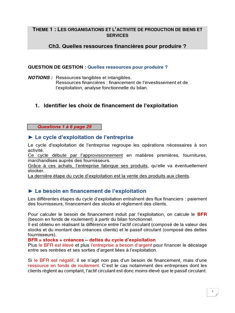 Synthèse ch3 Quelles Ressources Financières Pour Produire | PDF