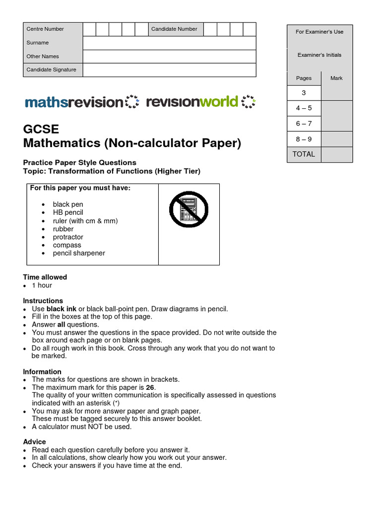 GCSE Maths Practice Paper - Transformation of Functions | PDF